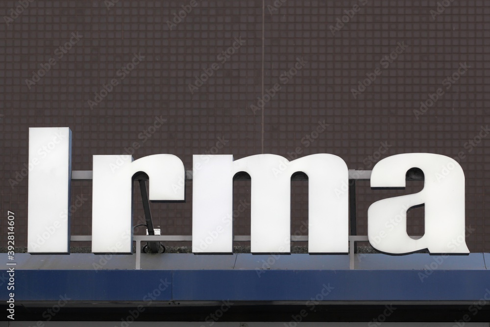 Copenhagen, Denmark - August 20, 2020: Irma logo on a wall. Irma is a ...