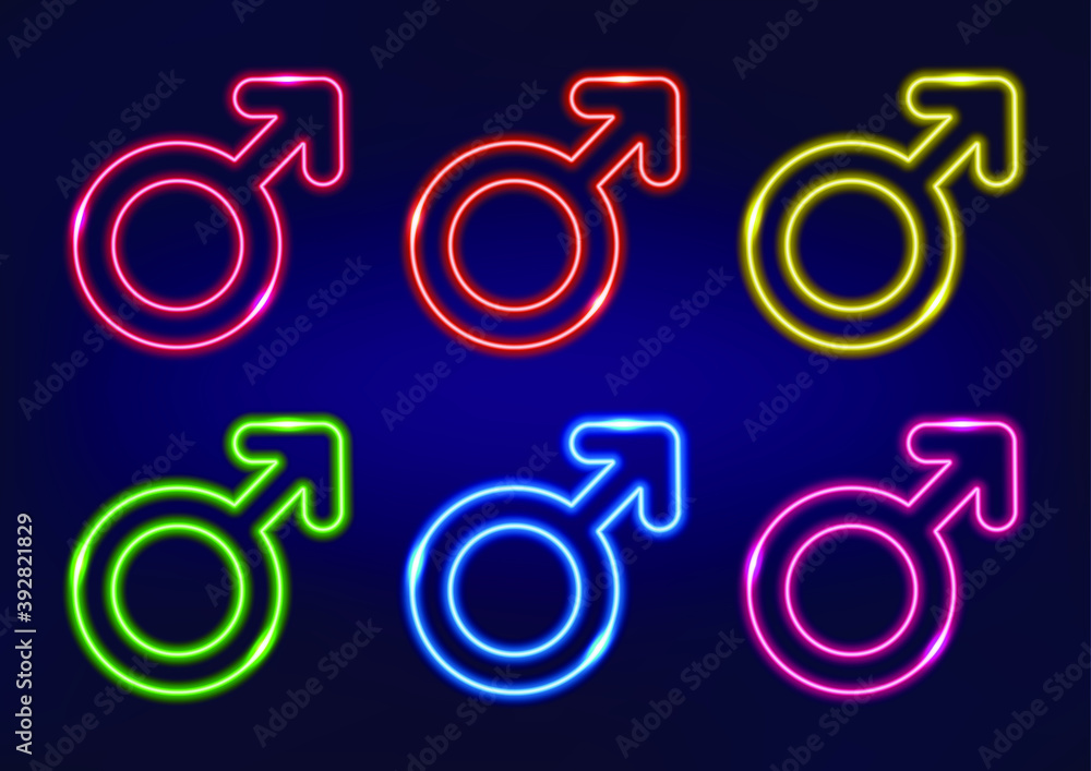 Set of male gender symbols in different colors, neon sign. Mars symbol ...