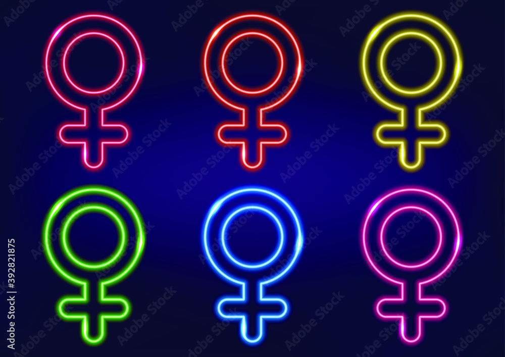 Set of female gender symbols in different colors, neon sign. Venus ...