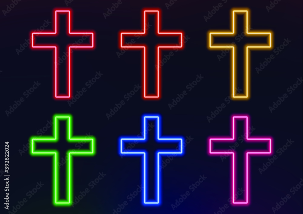 Neon frame. Set of neon crosses in different colors. Laser glowing ...