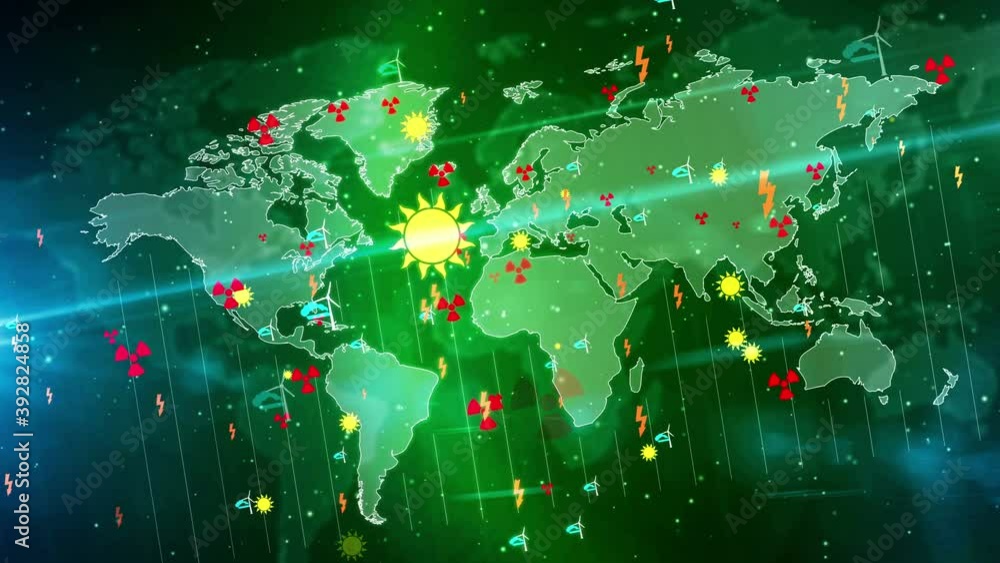Energy production symbols on digital world map loopable and seamless 3d ...