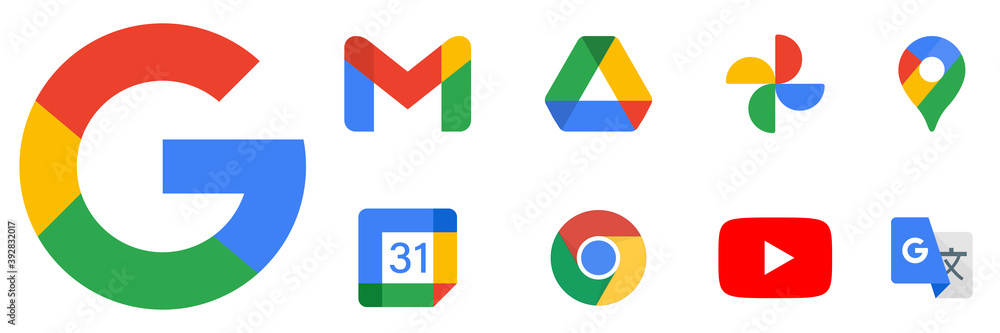 Google icons. Gmail, youtube, chrome, drive, photo, maps, calendar ...