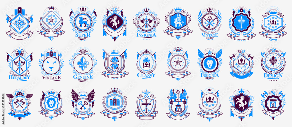 Classic style emblems big set, ancient heraldic symbols awards and ...
