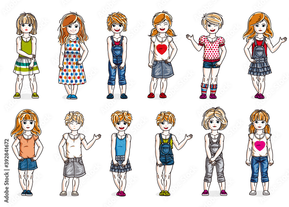 Little girls children happy and cute standing in full body length ...