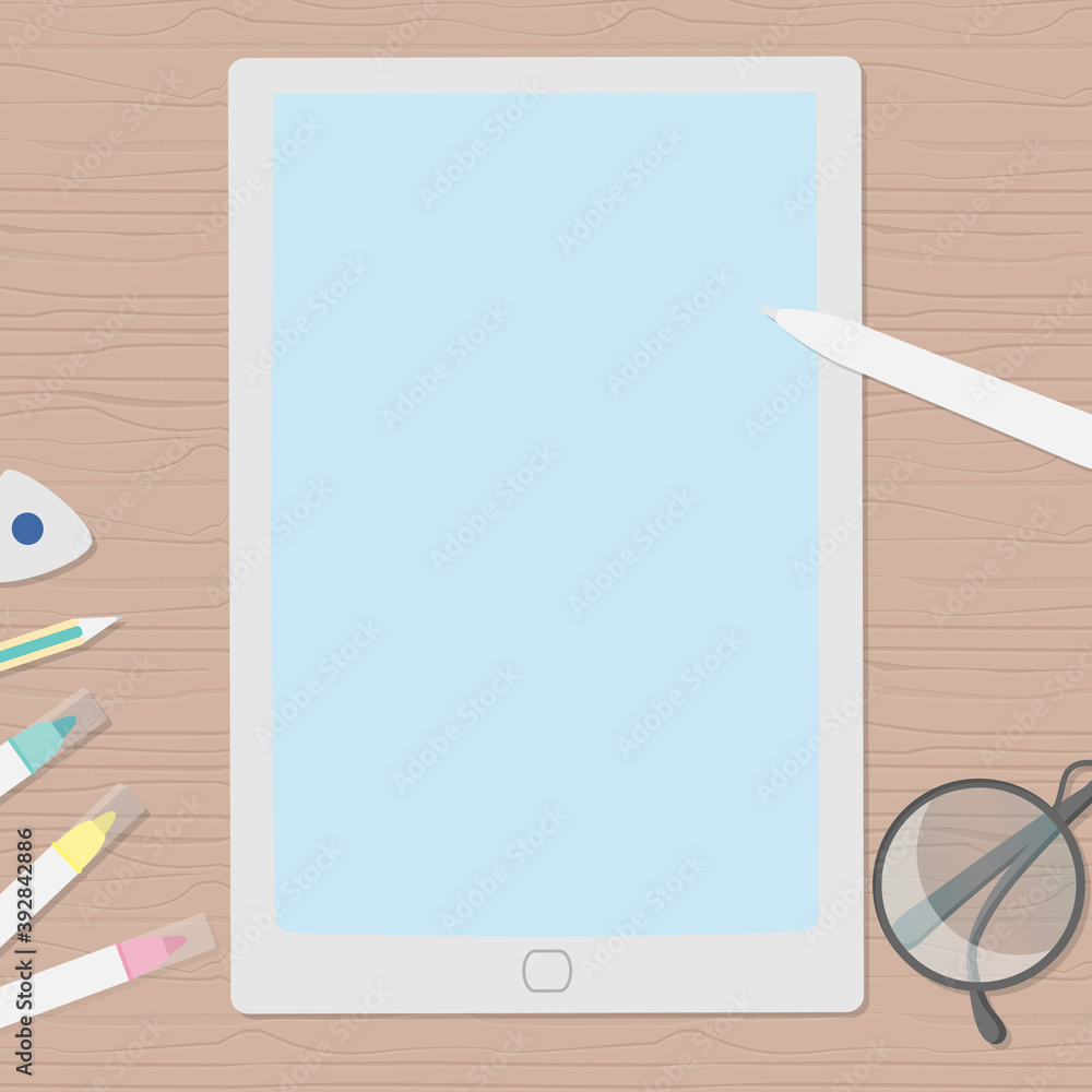 Vector illustration of felt pens, ipad, eyeglasses etc. Art workplace ...