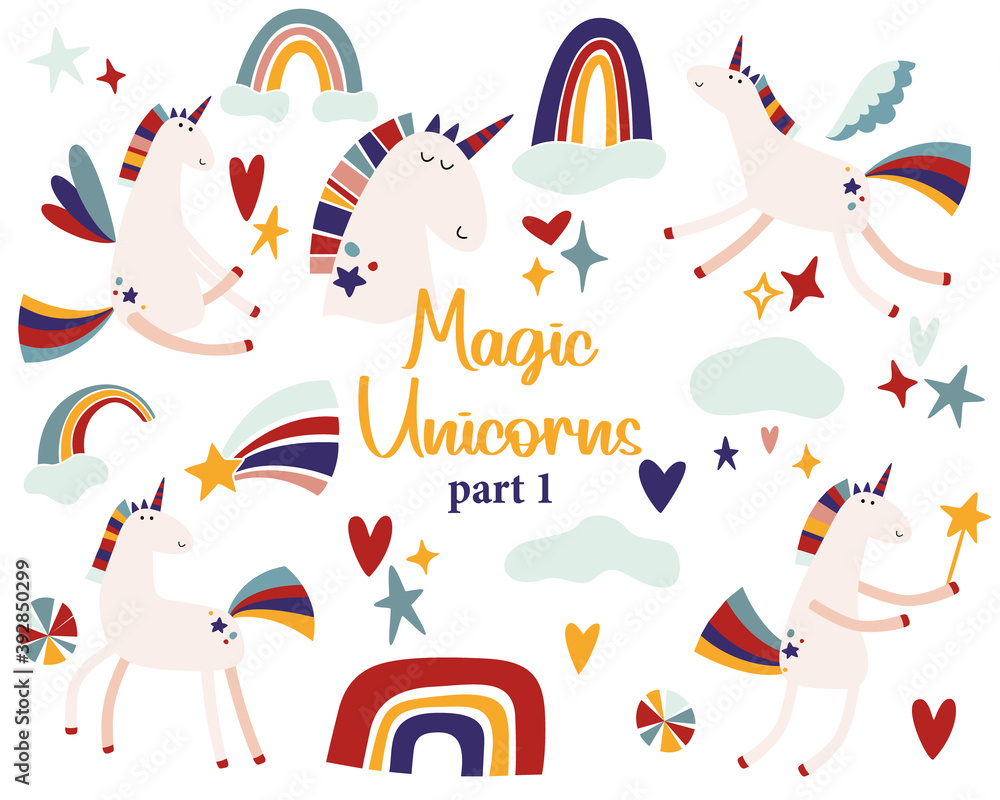 Unicorn and Rainbow Clipart. Set of cute unicorns, rainbows, celestial ...