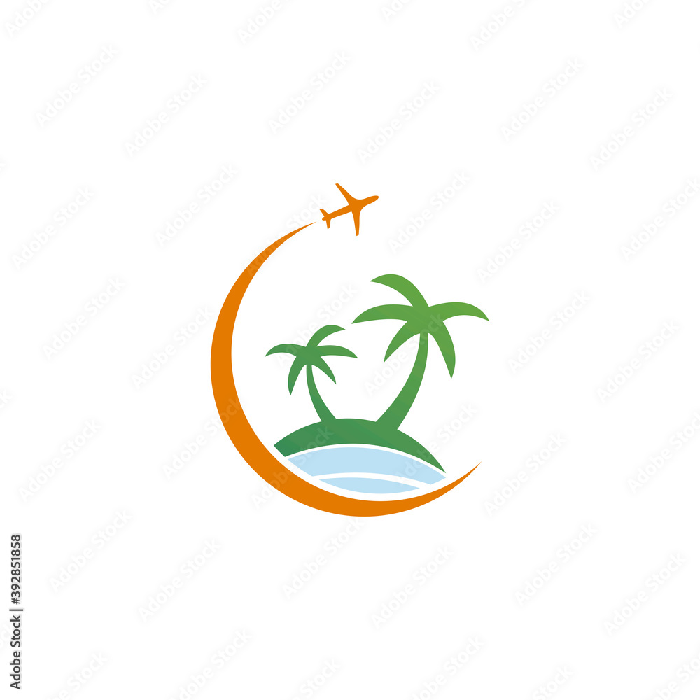 beach with plane island palm tree logo design illustration Stock Vector ...