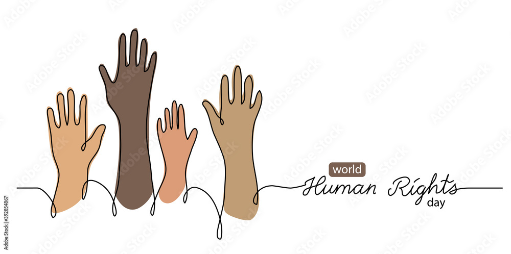 Human rights day concept, banner, background with color hands. One line ...