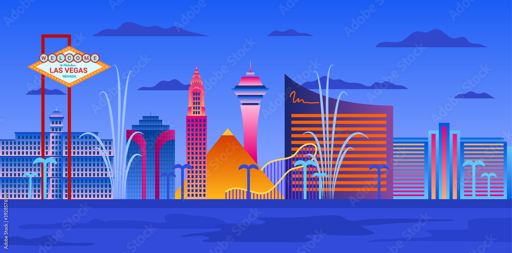 Cartoon Color Las Vegas City Skyline Landscape Scene Concept. Vector ...
