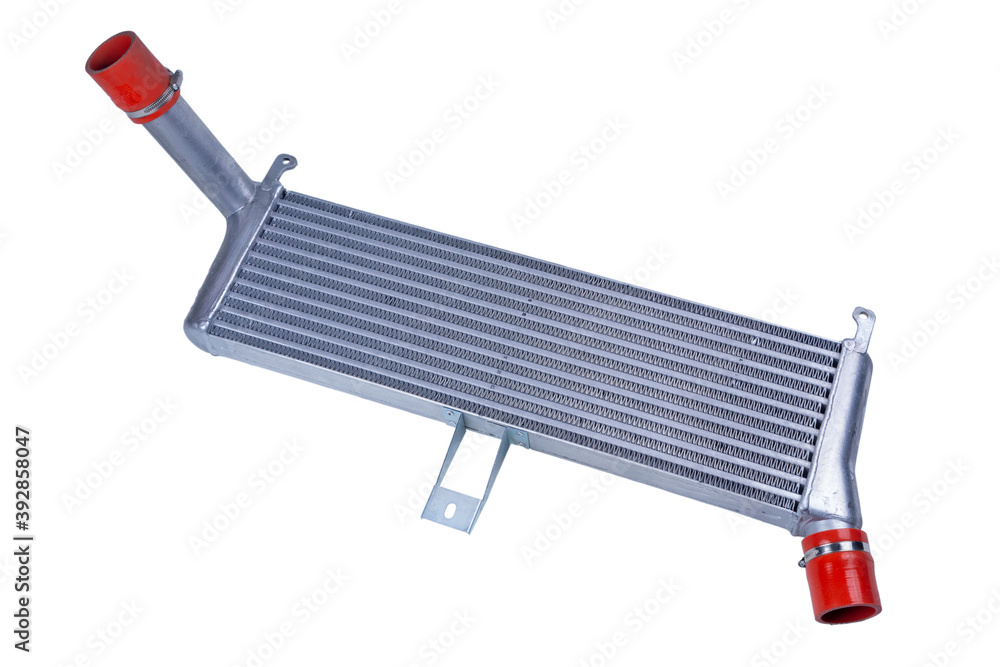 new Car intercooler with metal pipes on a white background. Radiator ...