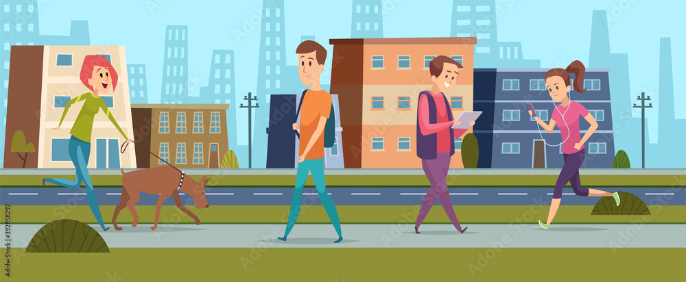 People walking. Men women on street, peace and kind in city. Cartoon ...