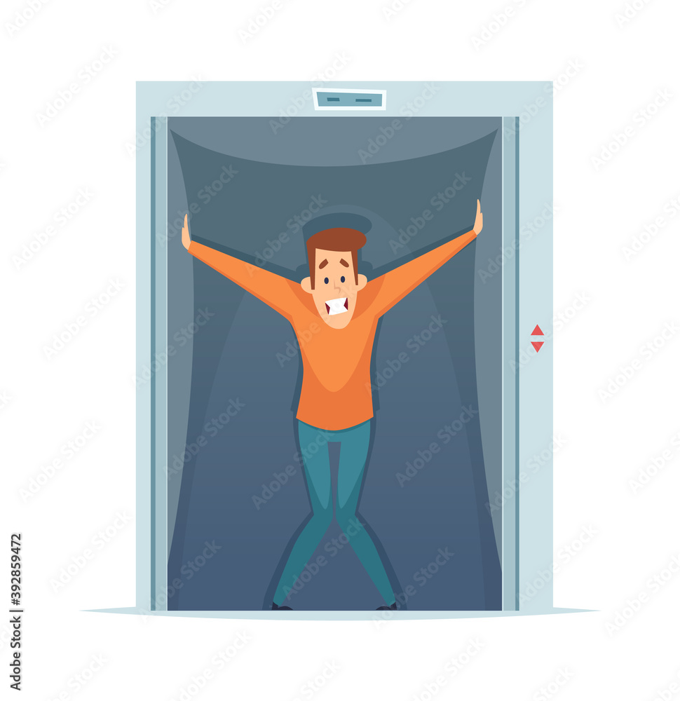 Claustrophobia. Frightened man in elevator, fear of confined space ...