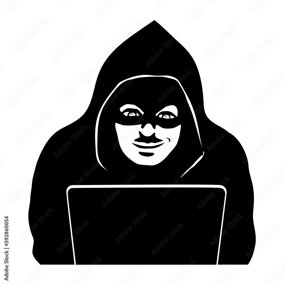 Male hacker at a laptop. Black silhouette with a closed face. Cyber ...