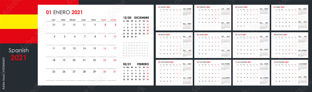 Calendar and planner for 2021 year. Week starts from Monday. 12 boards ...