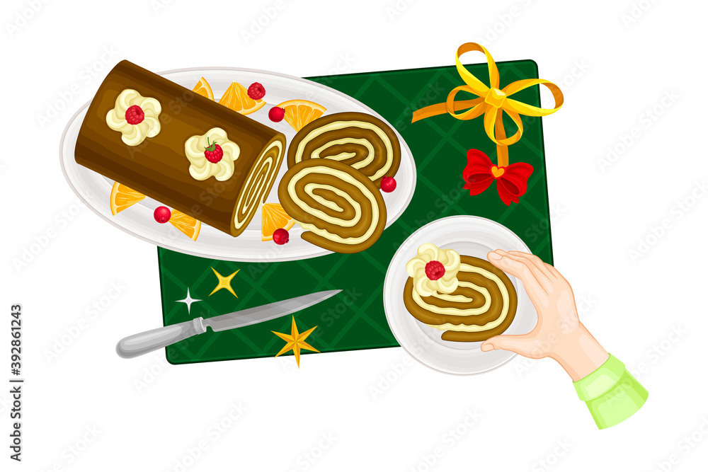 Human Hand and Slice of Rolled Cake on Plate as Traditional Christmas ...