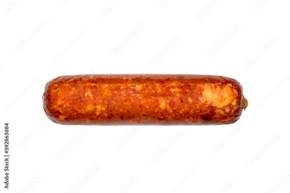 Salami fat smoked sausage on a white background.A stick of smoked ...