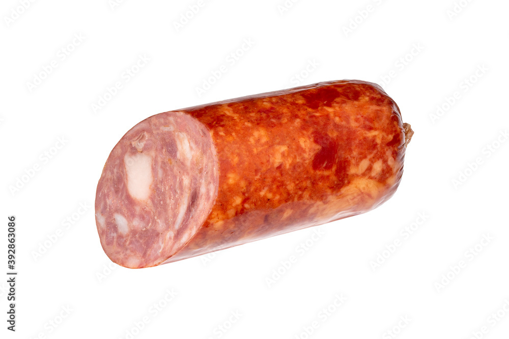 Salami fat smoked sausage on a white background.A stick of smoked ...