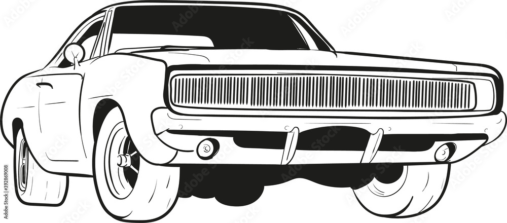 cartoon classic american muscle car drawing sketch Stock Illustration ...