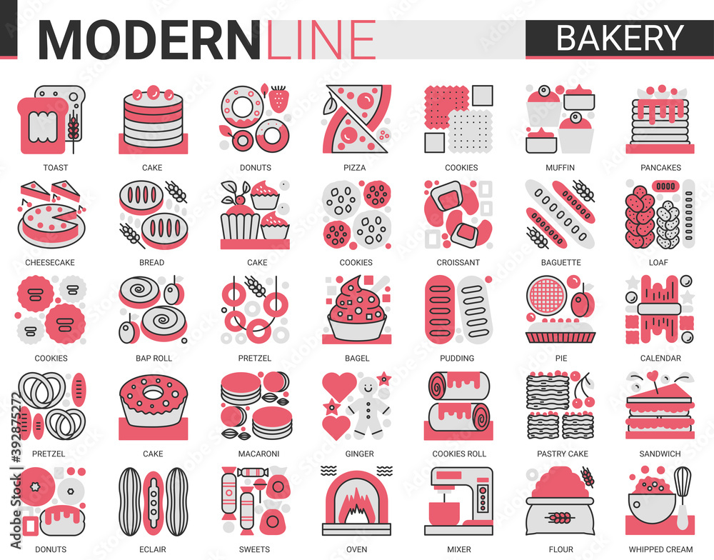Bakery complex concept flat line icons vector set. Sweet food dessert ...