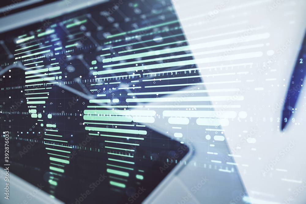 Multi exposure of abstract graphic world map on computer background ...