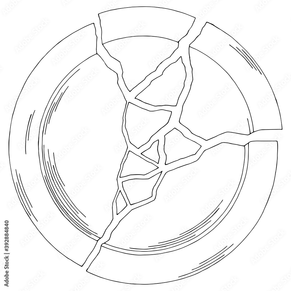 Broken plate graphic black white isolated sketch illustration vector ...