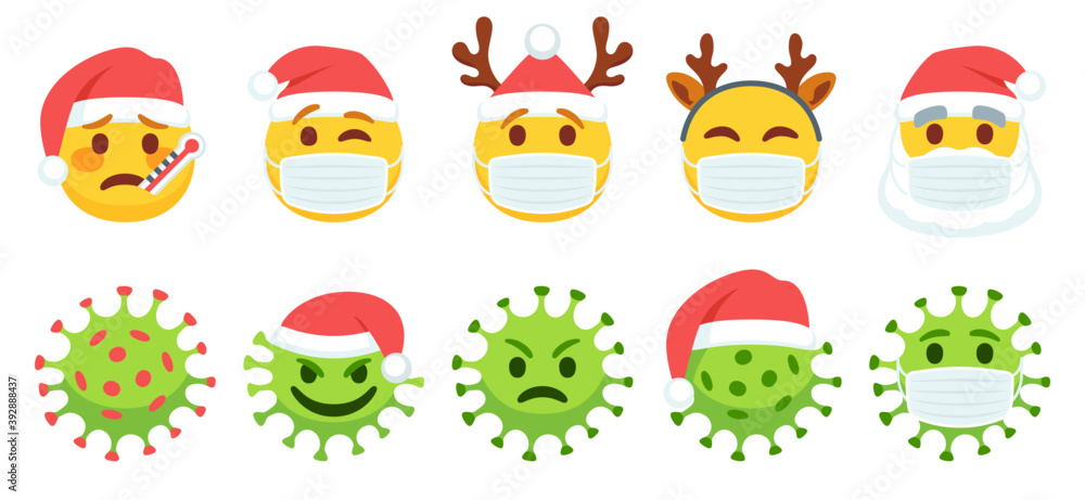 Christmas Covid emoji. Emoticons in face masks, coronavirus and yellow ...