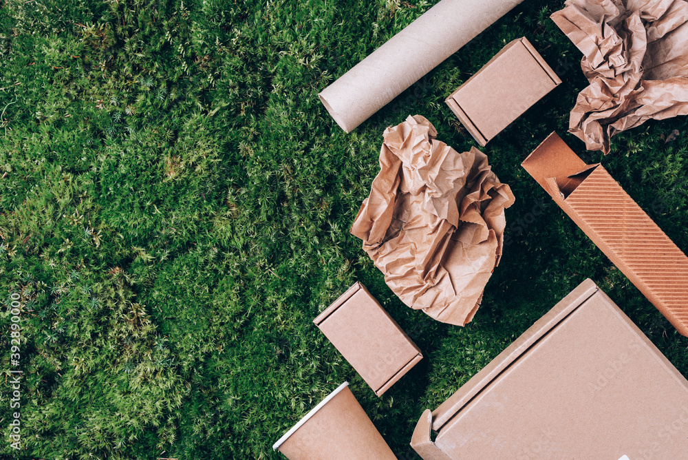 Craft eco friendly package. Сrumpled paper, carton packing, paper boxes ...