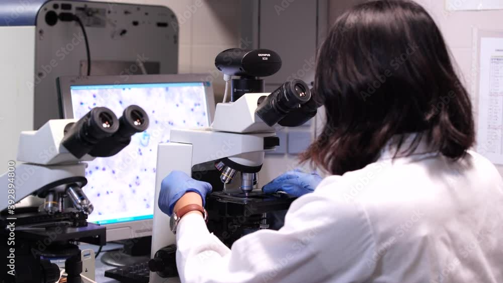Female scientist placing sample under microscope objective. Examining ...