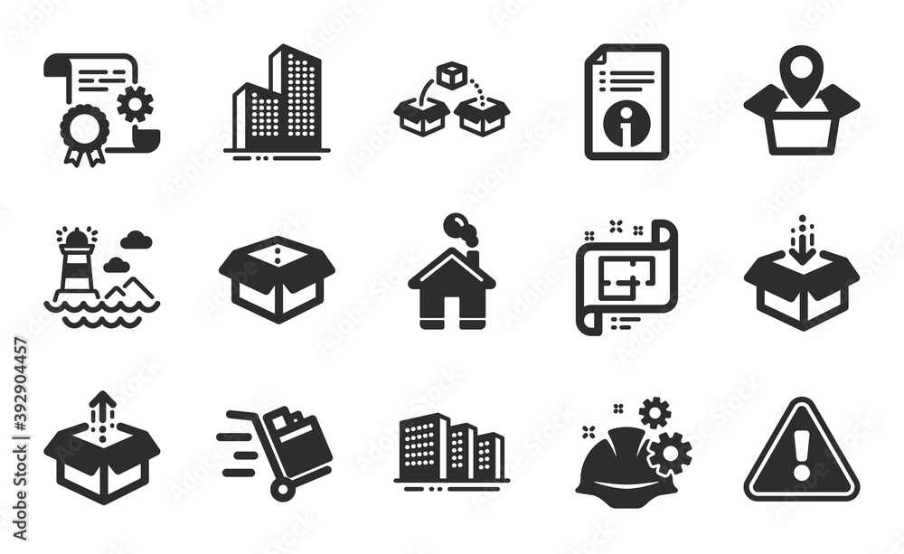 Push cart, Lighthouse and Working process icons simple set. Parcel shipping, Construction ...