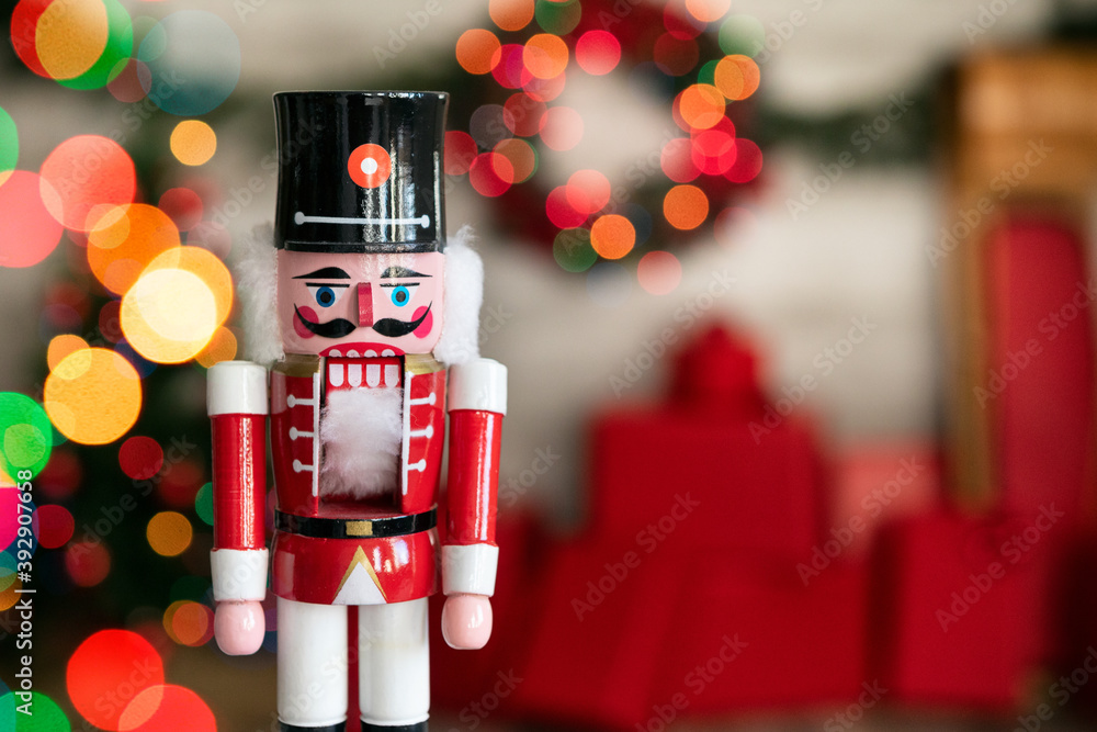 Christmas Lights Holiday Background With Nutcracker Decoration Stock ...