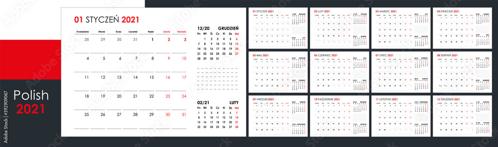 Calendar and planner for 2021 year. Week starts from Monday. 12 boards ...