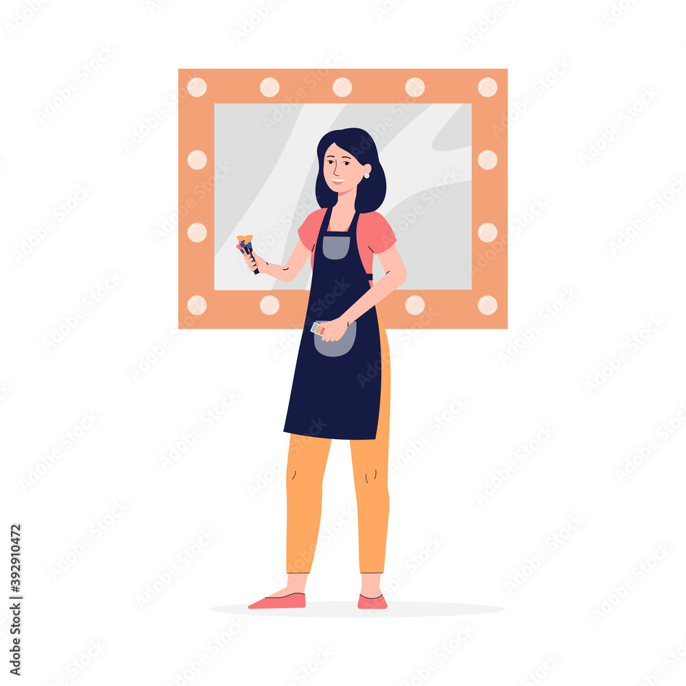 Woman Makeup Artist In Front Of Mirror Flat Vector Illustration