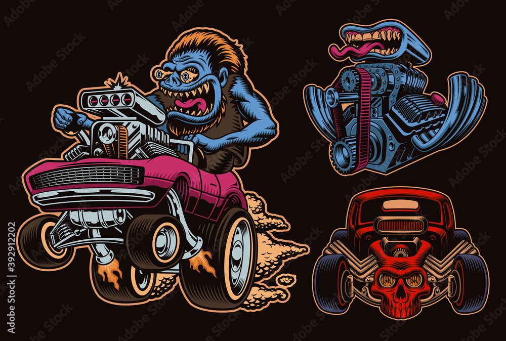 A bundle of colorful vector illustrations for hot rod theme, these ...