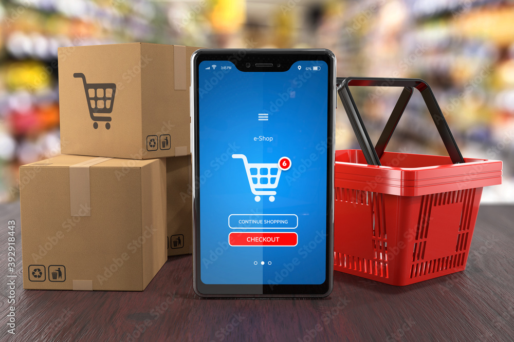 Smartphone with shopping app, shopping cart and boxes on table - 3d ...