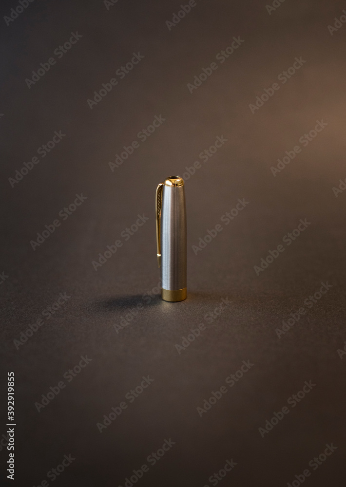 Silver fountain pen cap with golden details. Silver fountain pen and ...