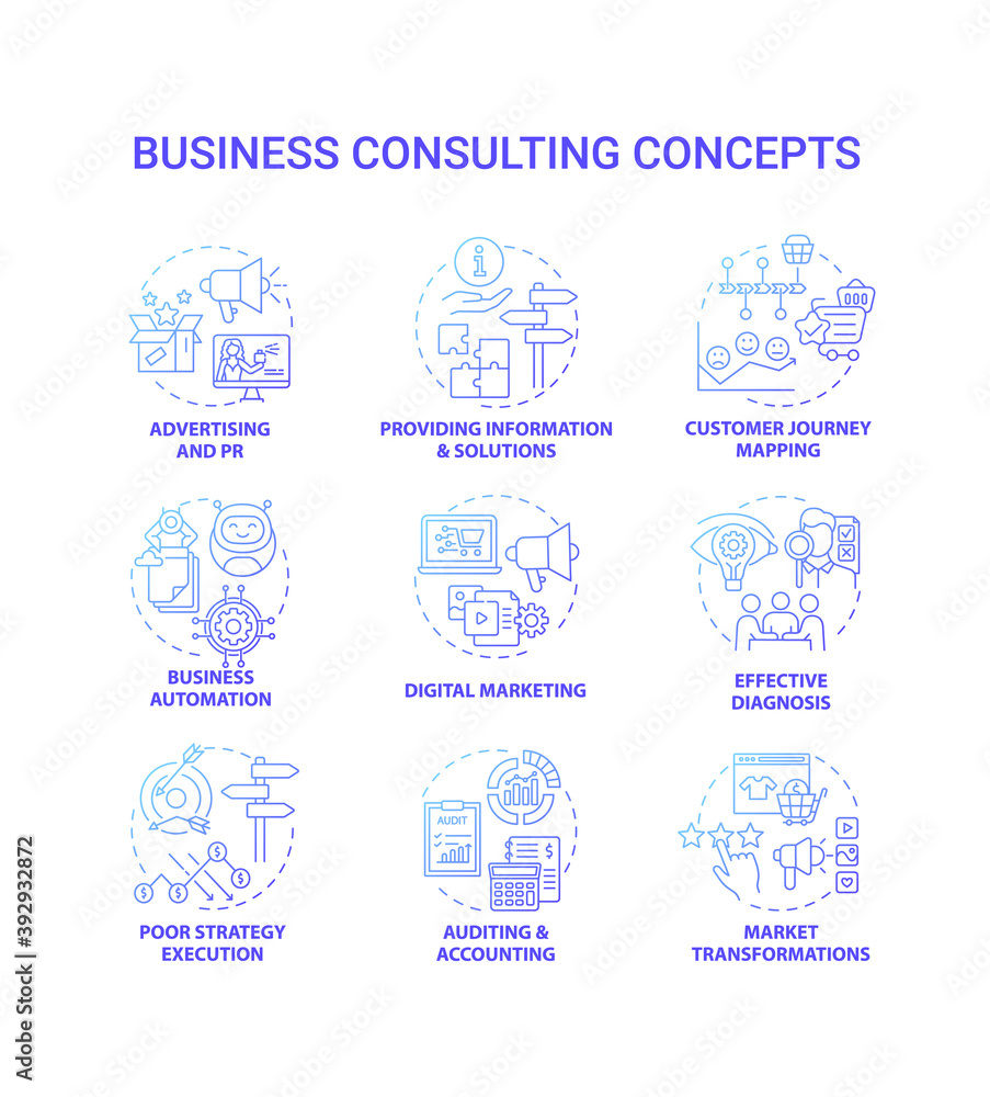 Business consulting concept icons set. Business challenges idea thin ...