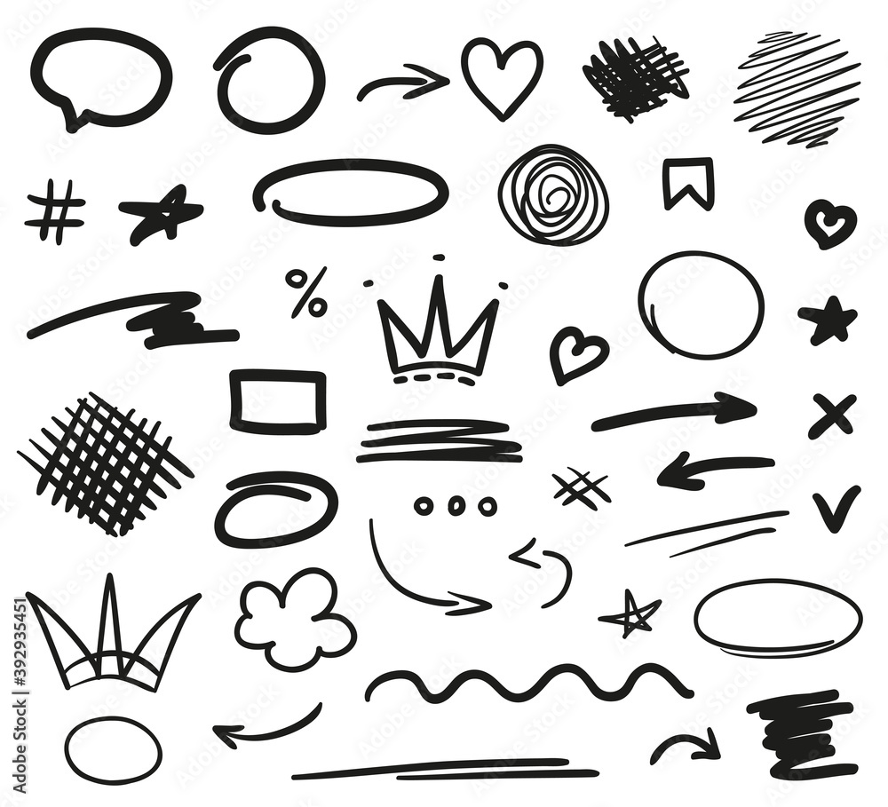 Hand drawn signs and symbols on white. Infographic elements. Freehand ...