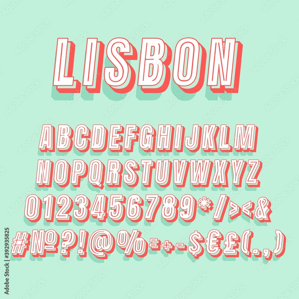 Lisbon vintage 3d vector alphabet set. Retro bold font, typeface. Pop art stylized lettering ...