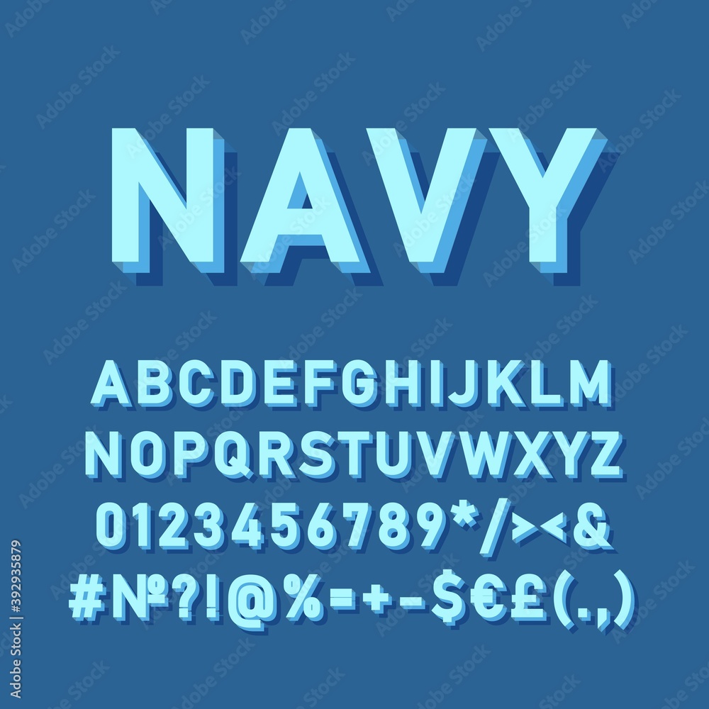 Navy vintage 3d vector alphabet set. Retro bold font, typeface. Pop art ...