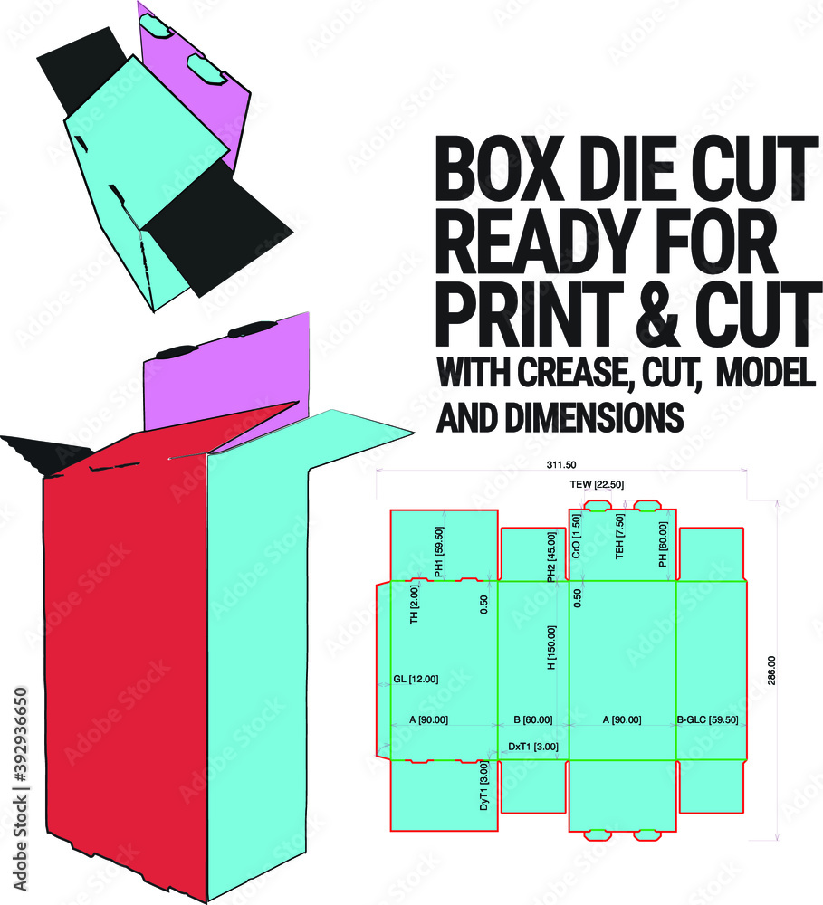 Box Die Cut Cube Template with 3D Preview organised with cut, crease ...