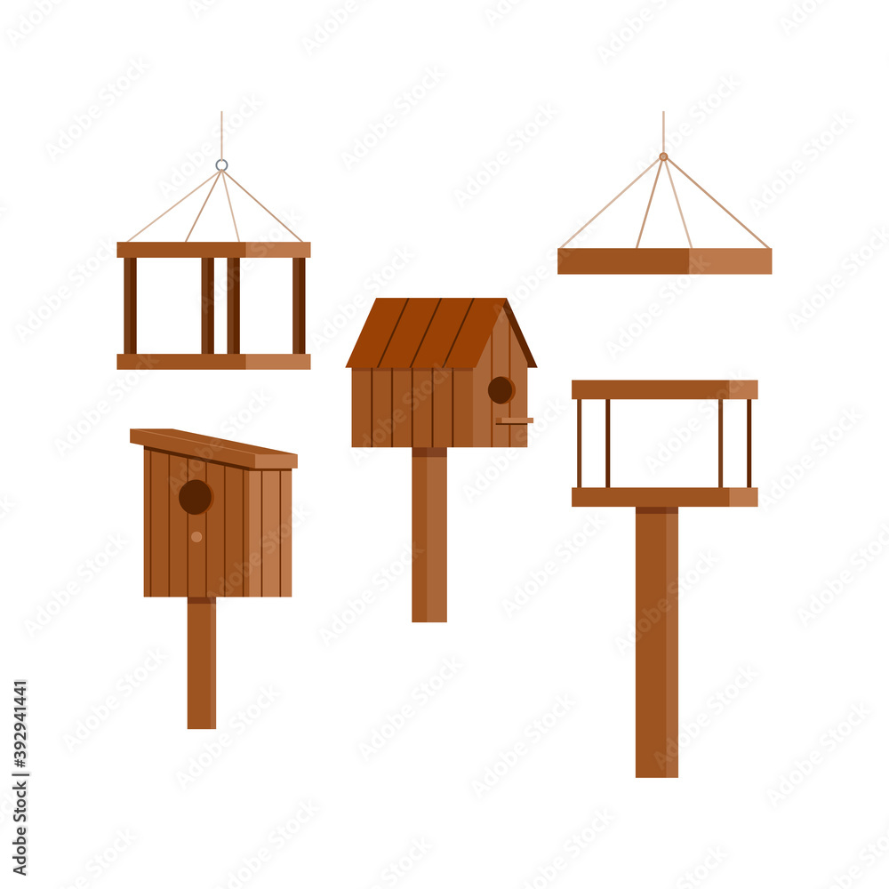 Wooden birdhouse feeder icon set isolated on white background. Nesting ...