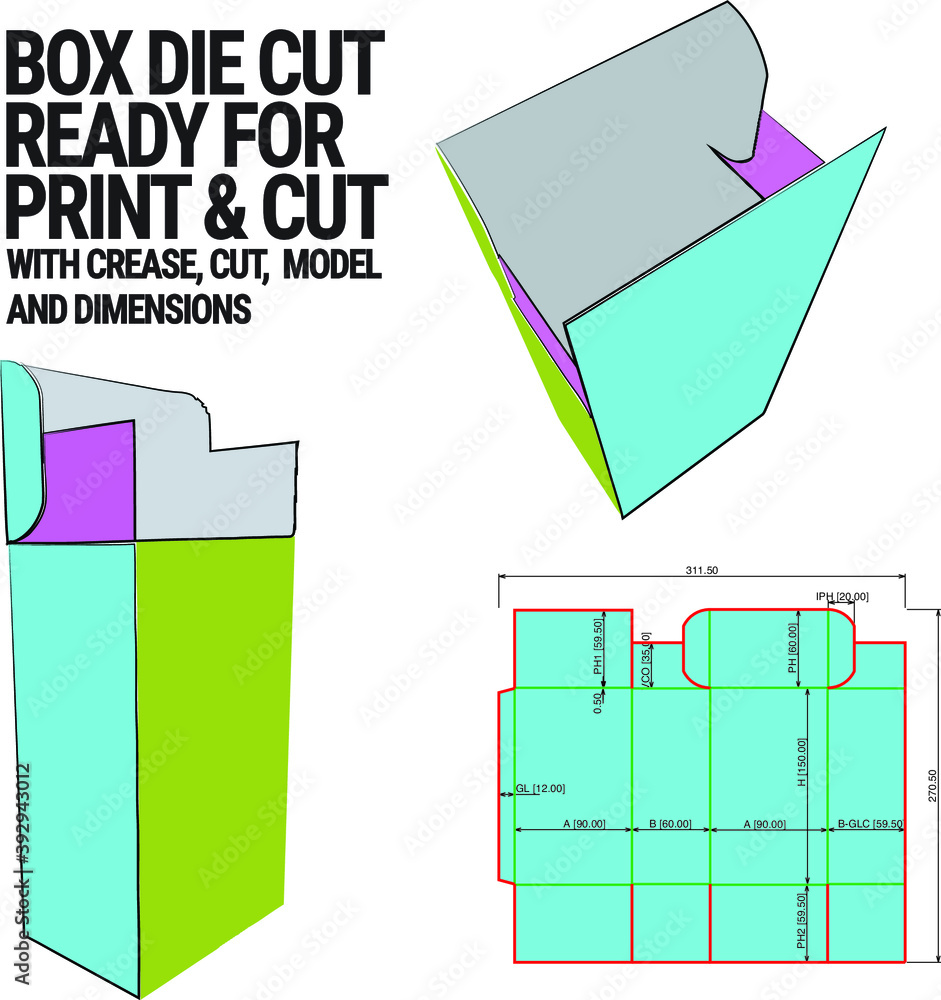 Box Die Cut Cube Template with 3D Preview organised with cut, crease ...
