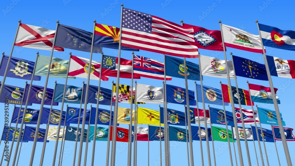 All the Flags of the States of the United States together on a flagpole ...