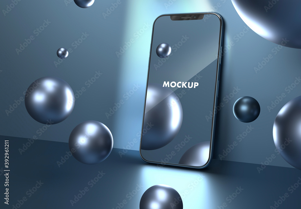 Shiny Smartphone Front View Blue Spheres Mockup Stock Template | Adobe ...