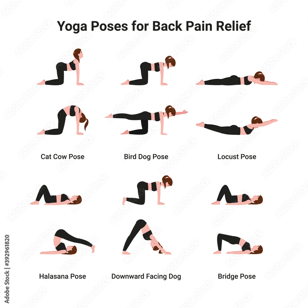 Set Woman practicing yoga poses for back pain relief. Flat vector ...