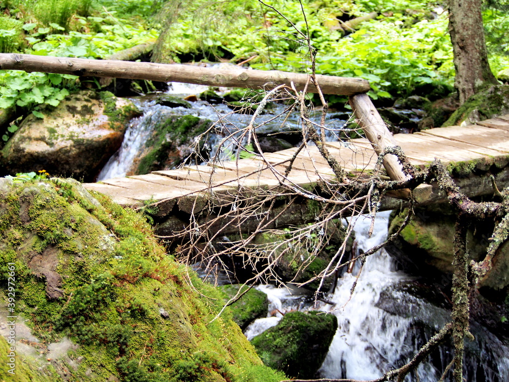 waterfalls on a mountain river, wooden steps and ladders, unspoiled ...