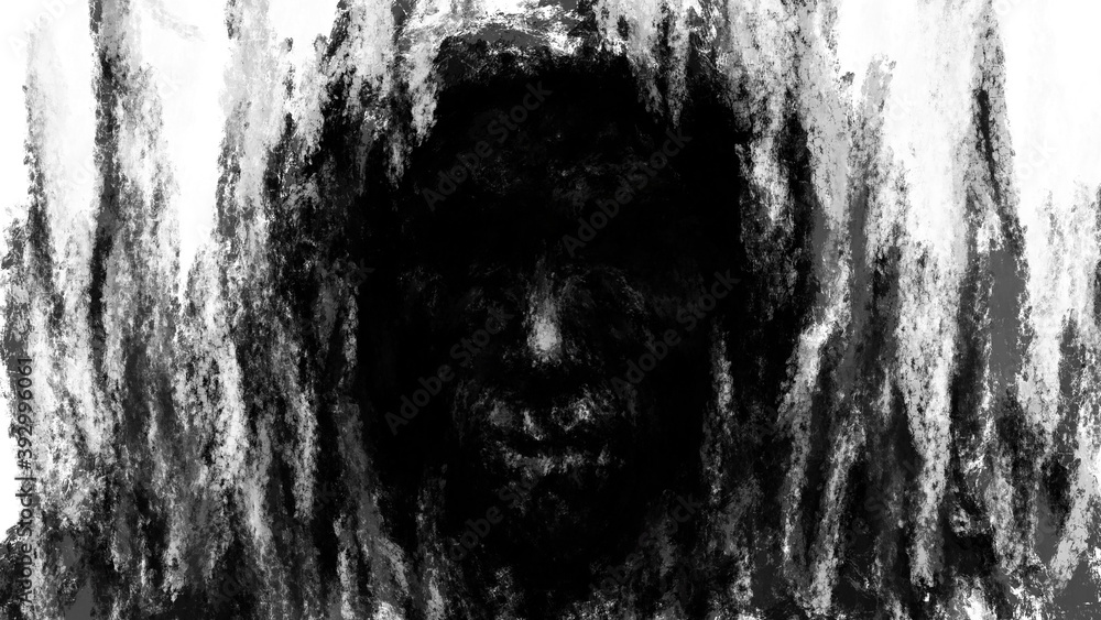 Hellish demon face in hood. Black and white background. Illustration in ...