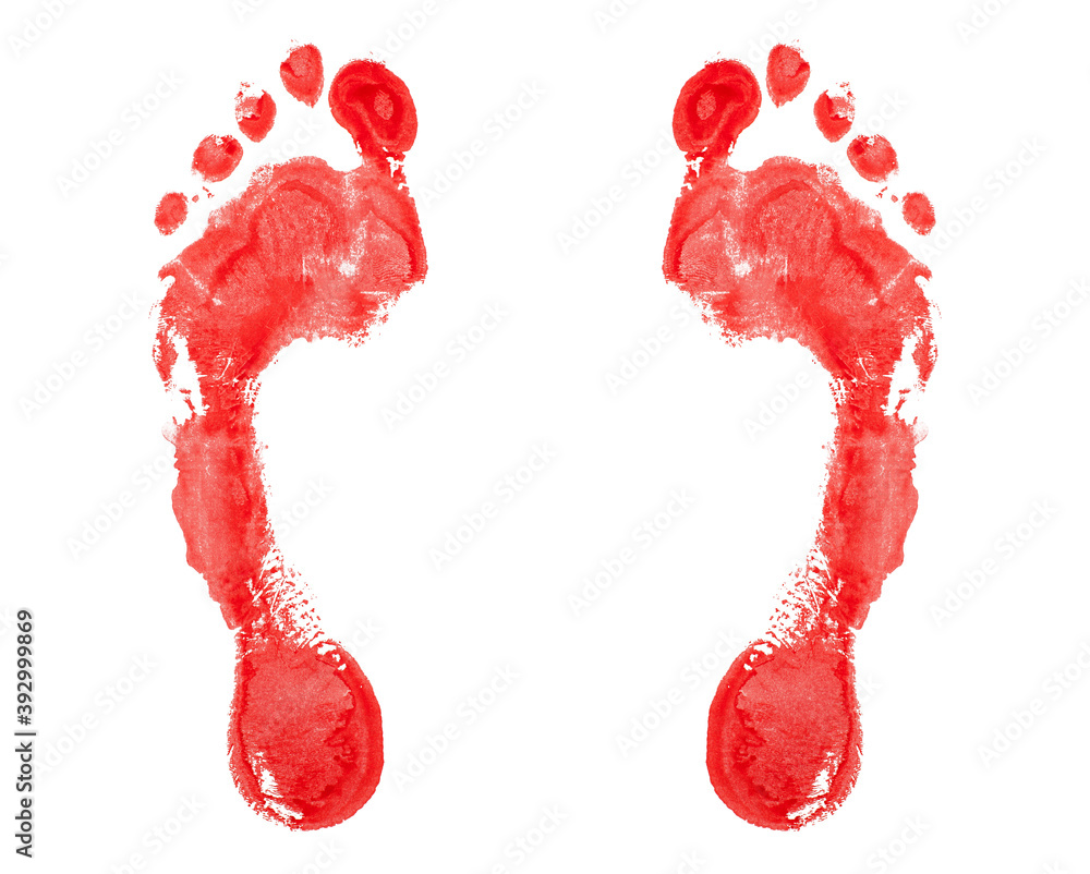 Red human footprint white background isolated closeup, bloody foot ...