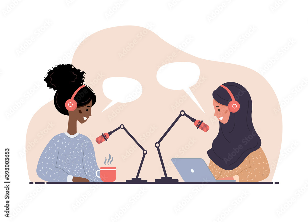 Podcast concept. Islamic and african women in headphones at table ...