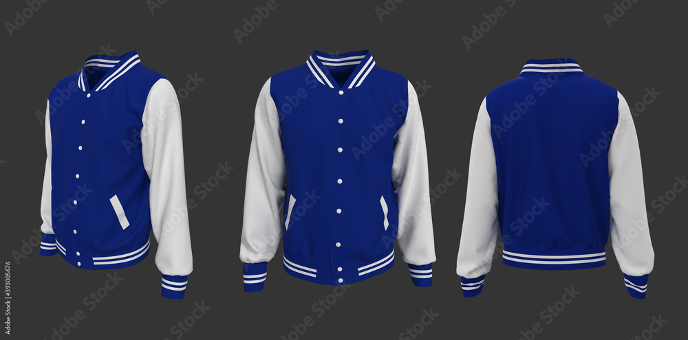 Varsity Jacket mockup in front, side and back views. 3d illustration ...